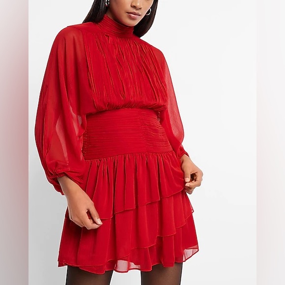 Express | Dresses | Nwt Mock Neck Long Sleeve Pleated Waist Tiered ...